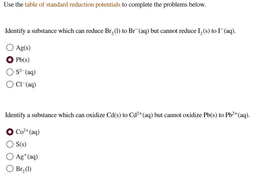 SOLVED: Use the table of standard reduction potentials to complete the ...