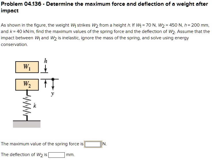SOLVED: Problem 04.136-Determine the maximum force and deflection of a weight after impact As ...