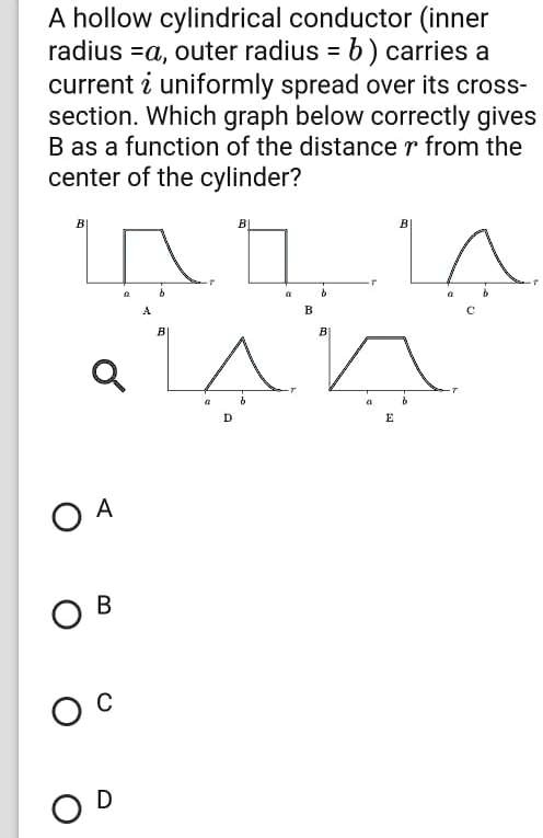 A hollow cylindrical conductor (inner radius=a, outer radius=b) carries ...