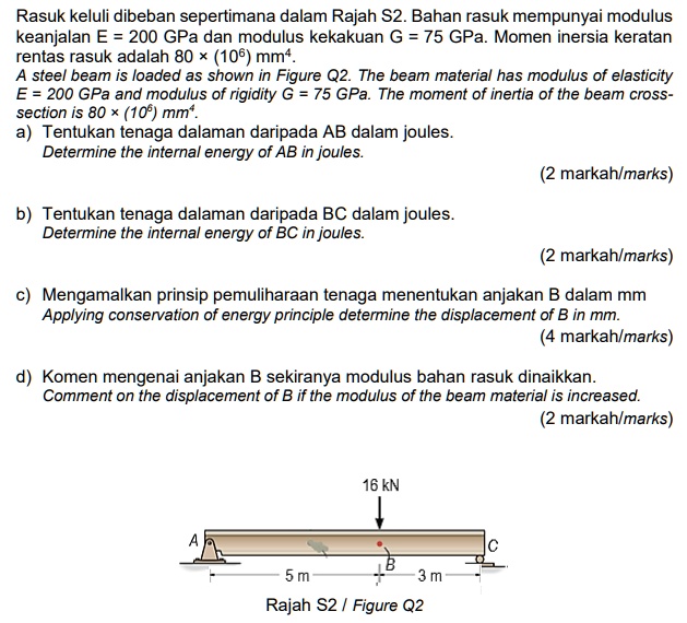 Rasuk keluli dibeban sepertimana dalam Rajah S2. Bahan rasuk mempunyai ...