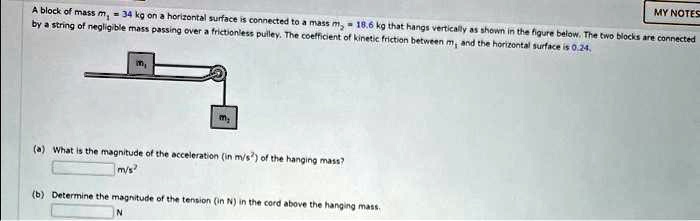 SOLVED: A block of mass m=34 kg on a horizontal surface is connected to a mass m18.6 kg that ...