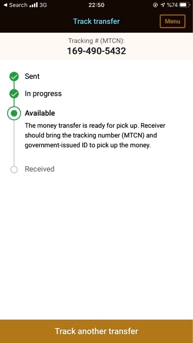 Track transfer Tracking # (MTCN): 169-490-5432 Sent In progress ...