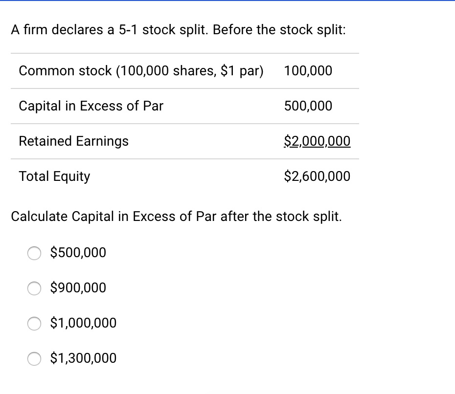a firm declares a 5 1 stock split before the stock split common stock 100000 shares 1 par 100000 ...