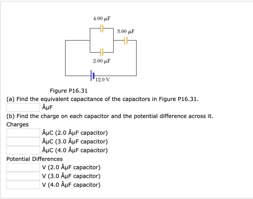 SOLVED: 400 pF 3.00 pF 2.00 pF 120 V Figure P16.31 (a) Find the equivalent capacitance of the ...