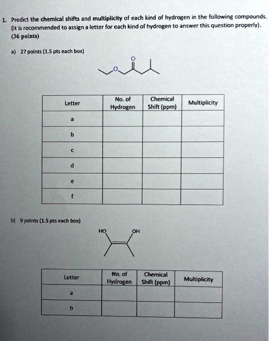 predict the chemical shifts and multiplicity of each kind of hydrogen ...