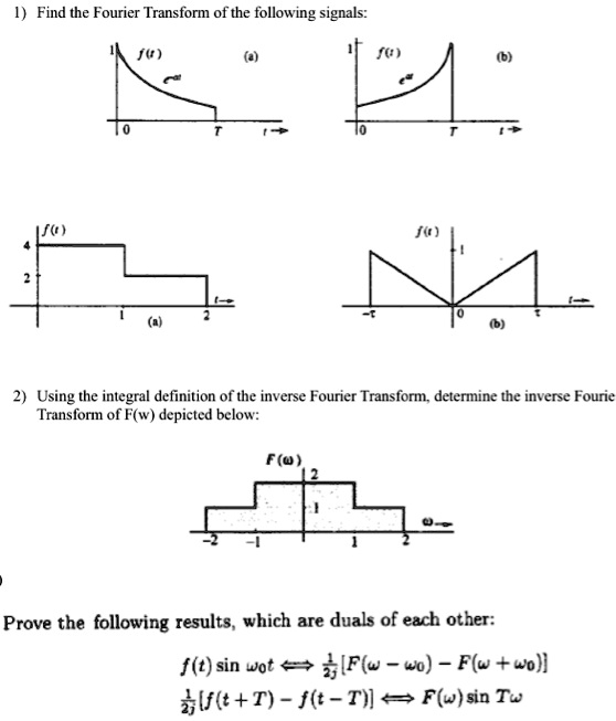 1) Find the Fourier Transform of the following signals: f(t) 4 2 f(t) (a) 1 f(t) (b) 0 T 0 T f(t ...
