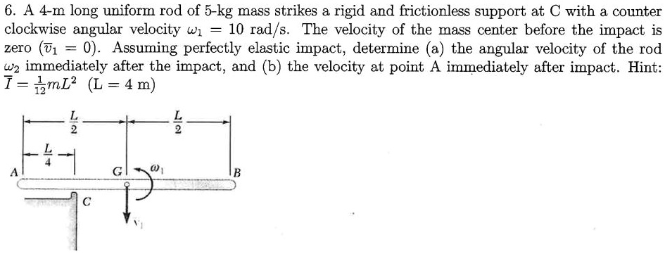 SOLVED: A 4-m long uniform rod of 5 -kg mass strikes a rigid and ...