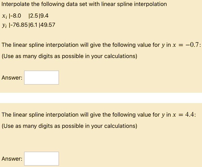 SOLVED: Interpolate the following data set with linear spline interpolation Xi|-8.0 12.519.4 Yi ...