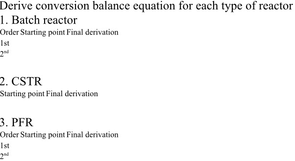 Derive conversion balance equation for each type of reactor 1. Batch ...