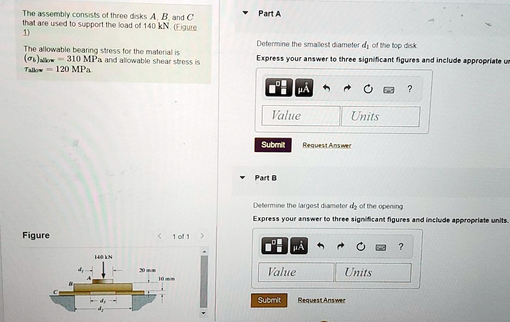 The assembly consists of three disks A, B, and C that are used to support the load of 140 kN ...