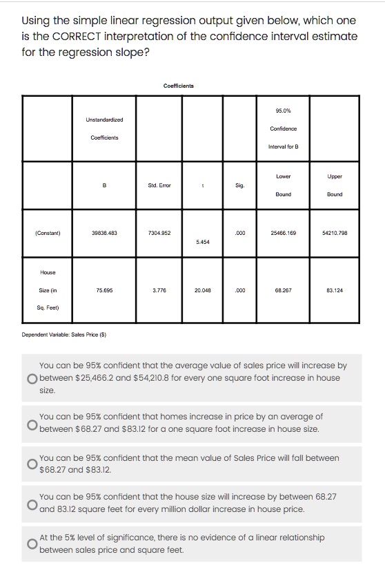 using the simple linear regression output given below which one is the ...