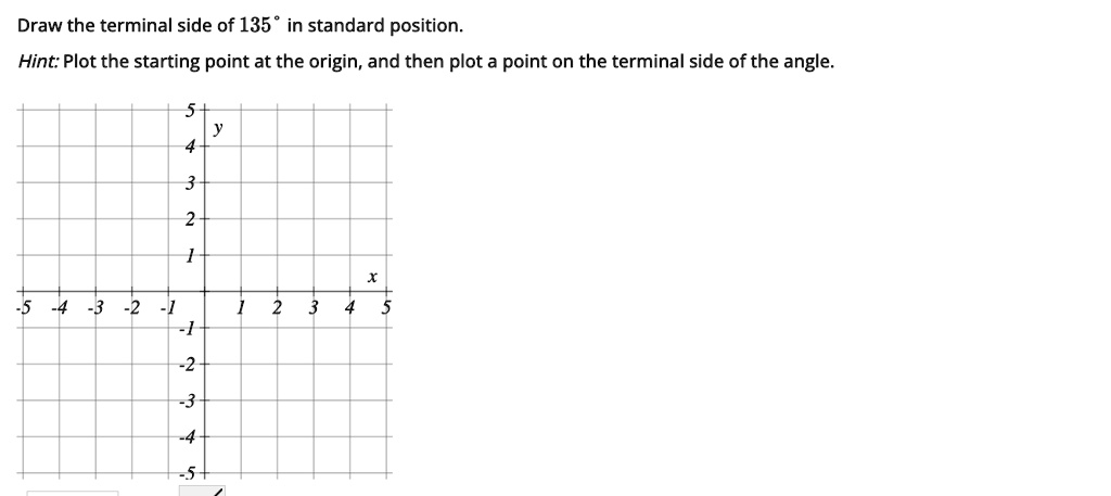 Draw the terminal side of 135deg in standard position. Hint: Plot the starting point at the ...