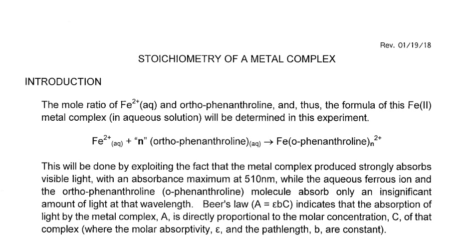 SOLVED: STOICHIOMETRY OF A METAL COMPLEX INTRODUCTION The mole ratio of ...