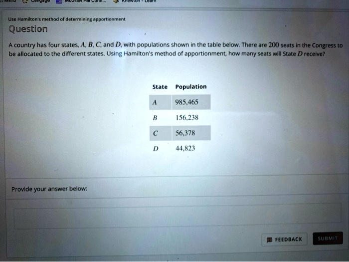 SOLVED: User Hamilton's method for determining apportionment A country ...