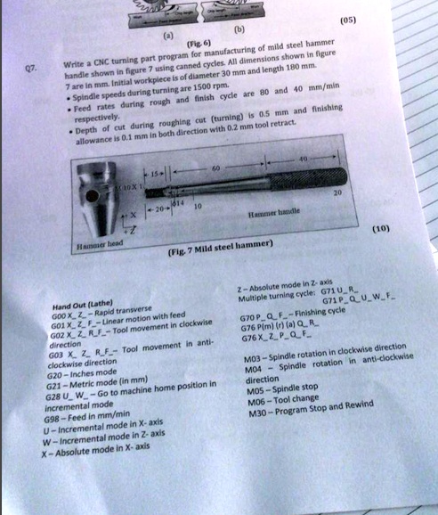A Fig 6 B Q7 Write A Cnc Turning Part Program For Manufacturing A Mild Steel Hammer 