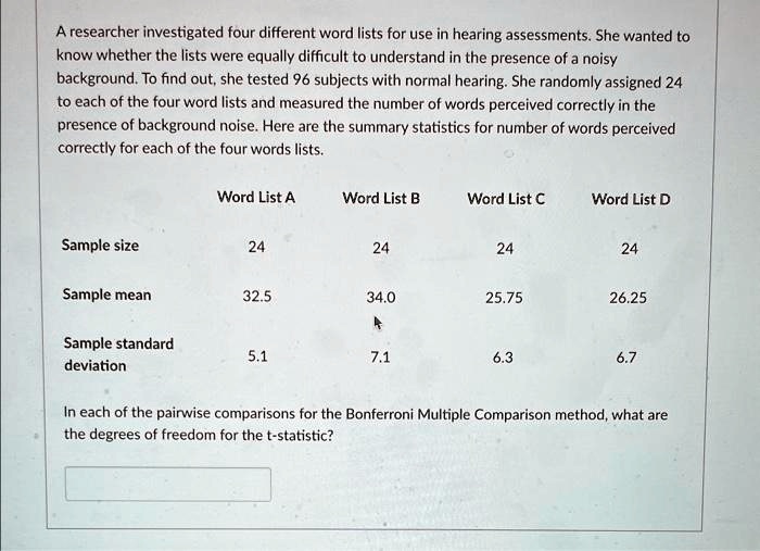 SOLVED: In each of the pairwise comparisons for the Bonferroni Multiple Comparison method, what ...