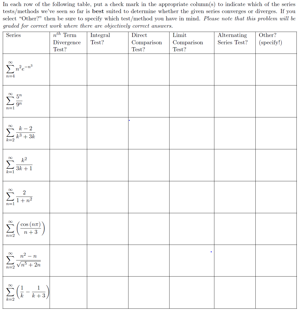 SOLVED: In each row of the following table, put a check mark in the ...