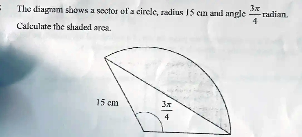 The diagram shows a sector of a circle, radius 15 cm and angle (3π)/(4 ...