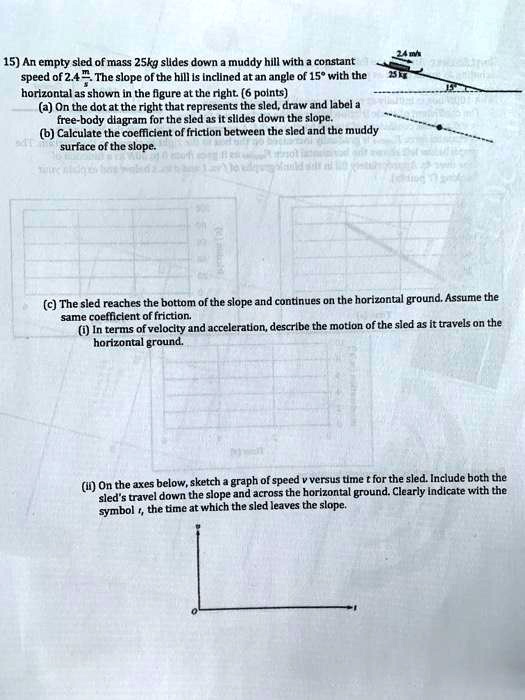 15) An empty sled of mass 25kg slides down a muddy hill with a constant speed of 2.4. The slope ...