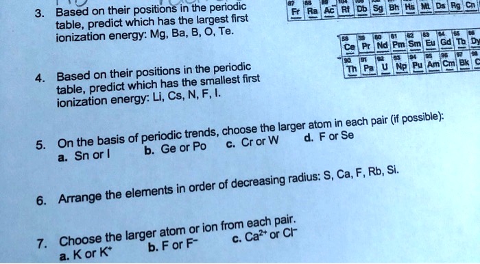 SOLVED: Based on their positions in the periodic table, predict which has the largest first ...