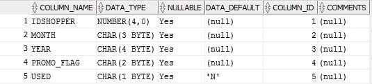 COLUMNNAME DATATYPE NULLABLE DATADEFAULT COLUMNID COMMENTS 1 IDSHOPPER NUMBER (4,0) Yes (null) 1 ...