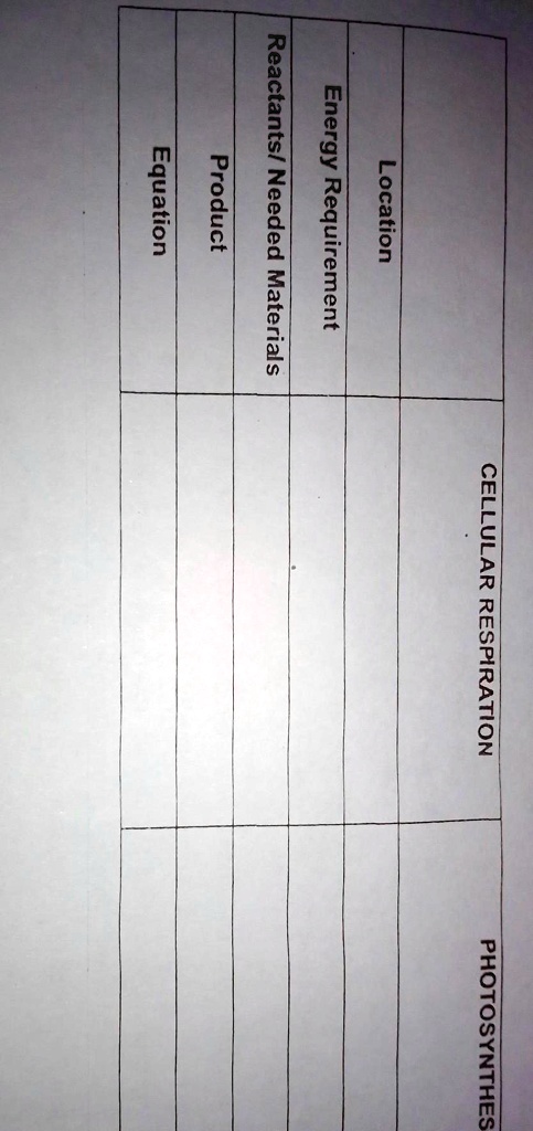 SOLVED: Direction: The table below is the comparison between photosynthesis and cellular ...