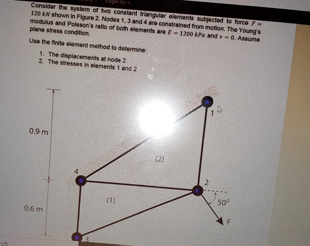 SOLVED: Consider the system of two constant triangular elements subjected to force F = 120 kN ...