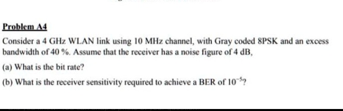 SOLVED: Problem A4 Consider a 4 GHz WLAN link using a 10 MHz channel with Gray coded 8PSK and an ...