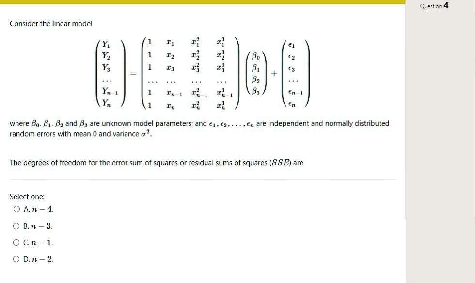 SOLVED: Consider the linear model: Y = Bo + B1x1 + B2x2 + B3x3 + e where Y is the dependent ...