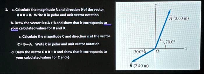 SOLVED: 1. a. Calculate the magnitude R and direction 0 of the vector R=A+B. Write R in polar ...