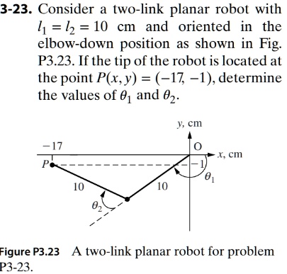 3-23. Consider a two-link planar robot with l1 = l2 = 10 cm and oriented in the elbow-down ...