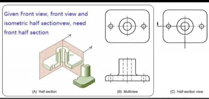 SOLVED: Given Front view, front view and isometric half section view, need front half section. A ...