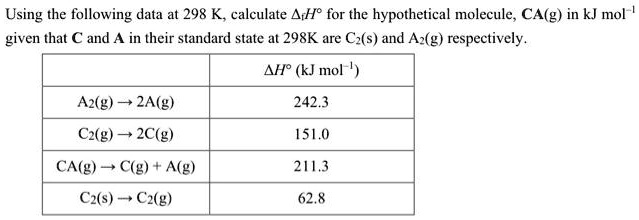 SOLVED:Using the following data at 298 K calculate A;H? for the hypothetical molecule, CA(g) in ...