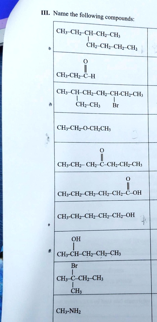 SOLVED: III. Name the following compounds: CH3-CH2-CH2-CH3, CH3-CH2-CH-CH3, CH2-CH-CH-CH, CH2-CH ...
