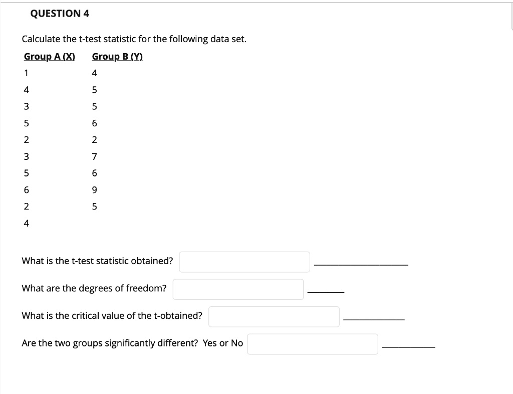 Solved Question 4 Calculate The T Test Statistic For The Following Data Set Group A X Group