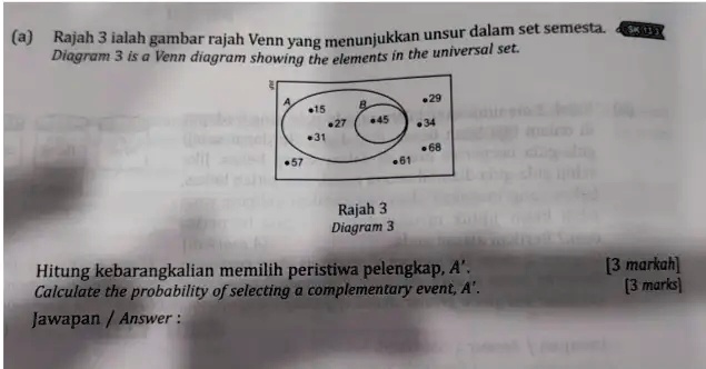 (a) Rajah 3 ialah gambar rajah Venn yang menunjukkan unsur dalam set ...