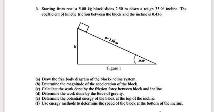 3. Starting from rest; a 5.00 kg block slides 2.50 m down a rough 35.0° incline. The coefficient ...