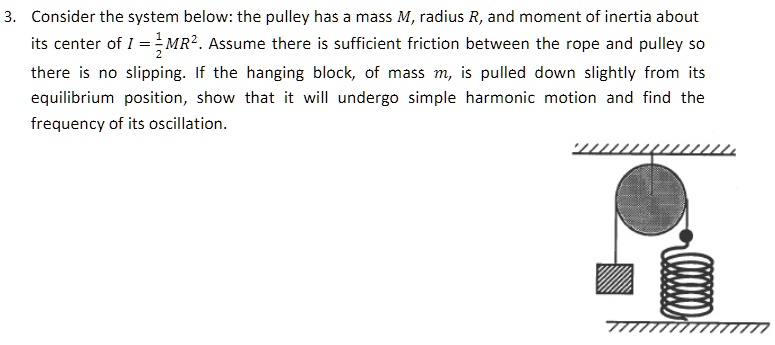 3. Consider the system below: the pulley has a mass M, radius R, and ...