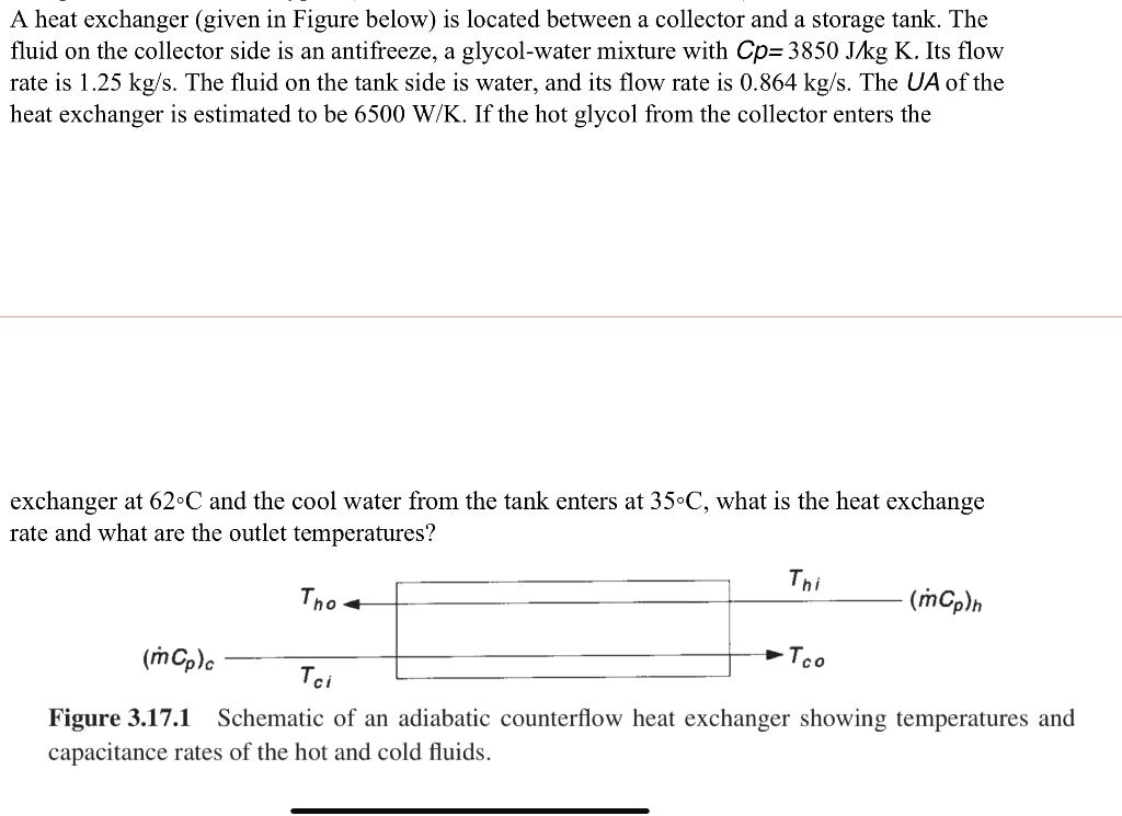 SOLVED: A heat exchanger (given in Figure below) is located between a collector and a storage ...