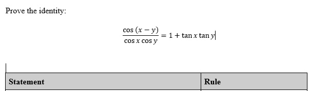SOLVED: Prove the identity: tanx tany cos cos y Statement Rule