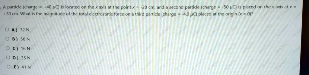 . A particle (charge = +40 µC) is located on the x axis at the point x = -20 cm, and a second ...