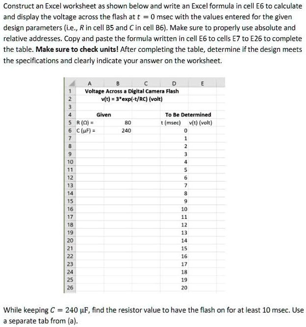 SOLVED: Construct an Excelworksheet as shown below and write an Excel formula in cell E6 to ...