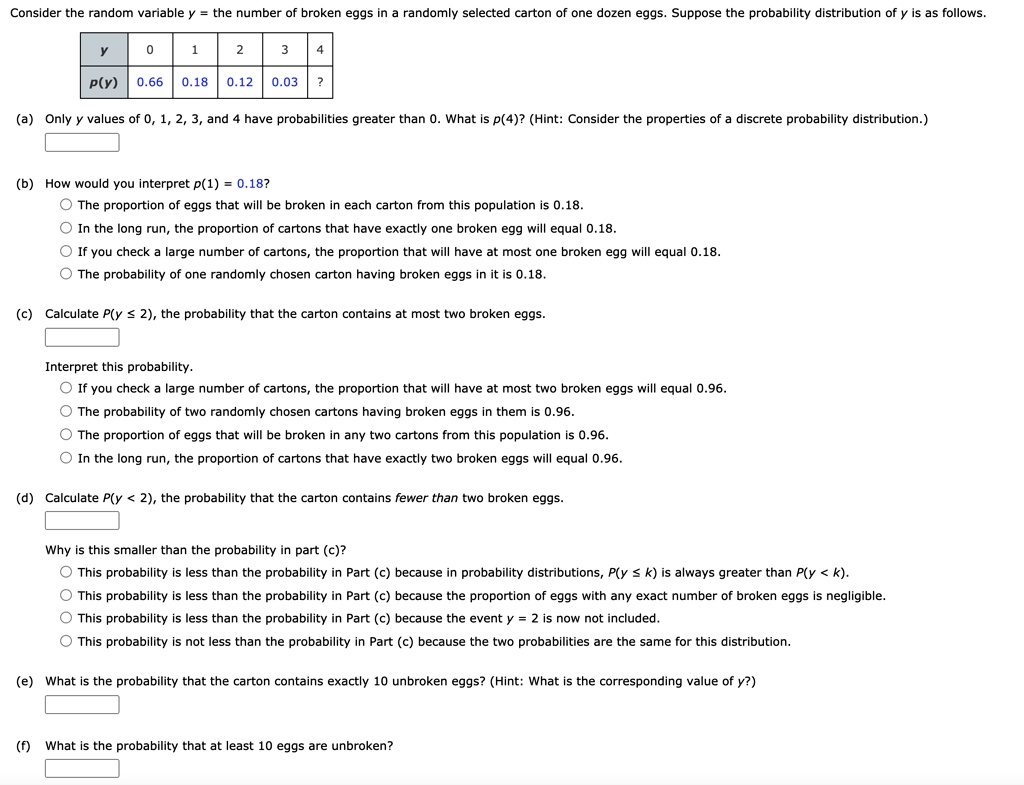 consider the random variable the number of broken eggs in randomly selected carton of one dozen ...