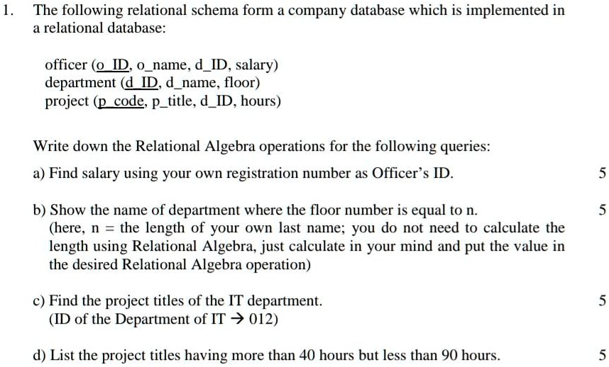 1. The following relational schema form a company database which is implemented in a relational ...