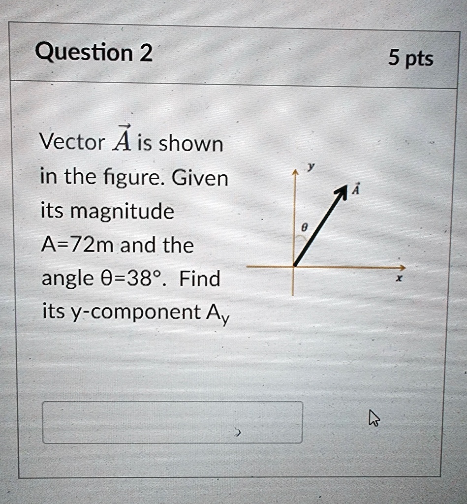 SOLVED: Question 2 5 pts Vector A is shown in the figure.Given its magnitude A=72m and the angle ...