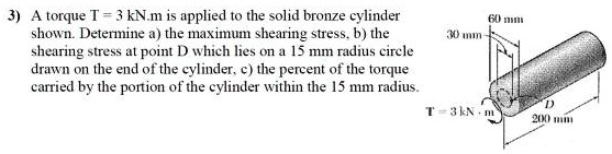SOLVED: A torque T=3 kN.m is applied to the solid bronze cylinder 60 mm ...