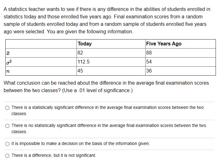 a statistics teacher wants to see if there is any difference in the ...