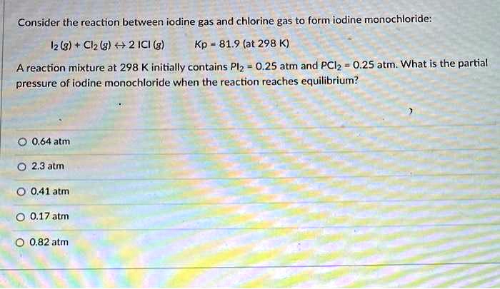 SOLVED: Consider the reaction between iodine gas and chlorine gas to ...