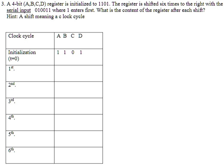 3. A 4-bit (A,B,C,D) register is initialized to 1101. The register is ...