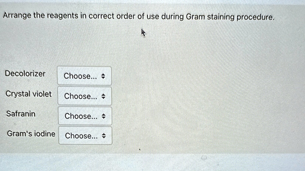 Arrange the reagents in correct order of use during Gram staining ...